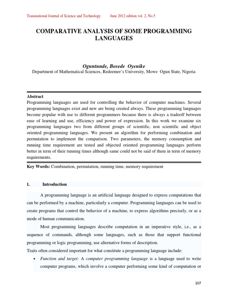 Comparative Analysis of Some Programming Languages: Oguntunde, Bosede ...