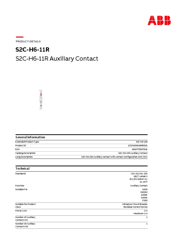 S2C-H6-11R Auxiliary Contact | PDF | Electricity | Manufactured Goods
