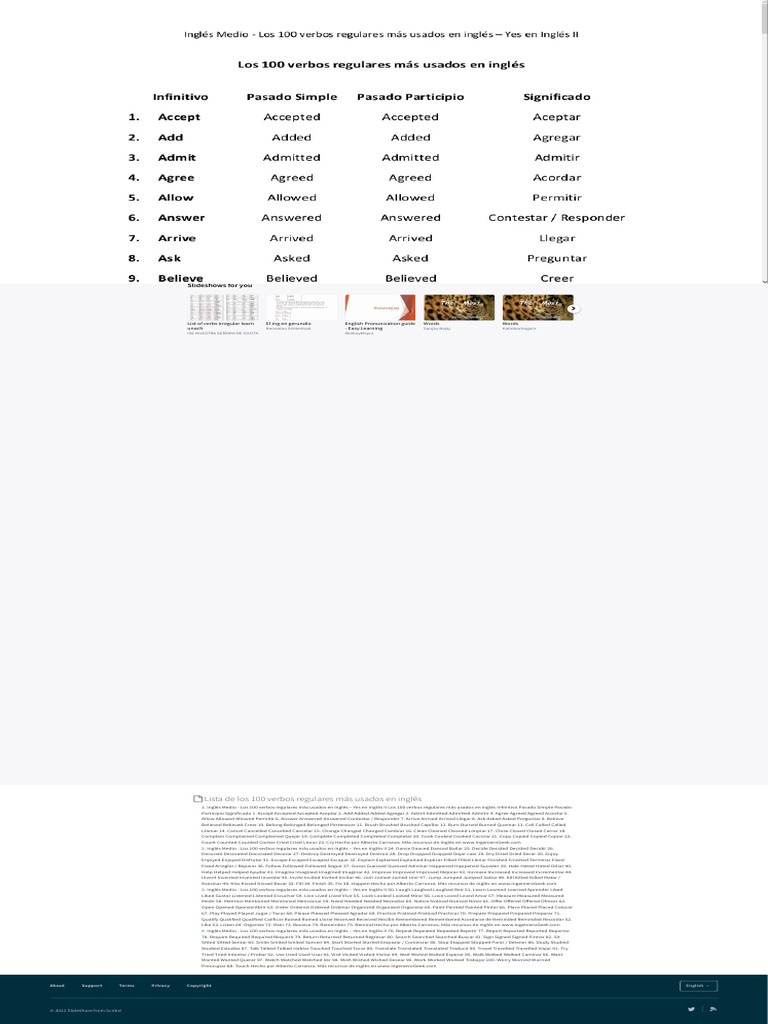 Lista de Los 100 Verbos Regulares Más Usados en Inglés | Download Free ...