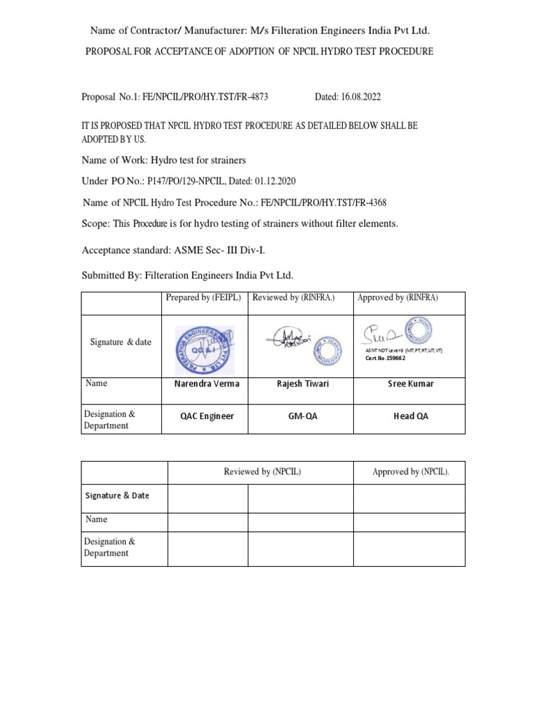 NPCIL Hydro Test Proposal for Strainers | PDF | Technology & Engineering