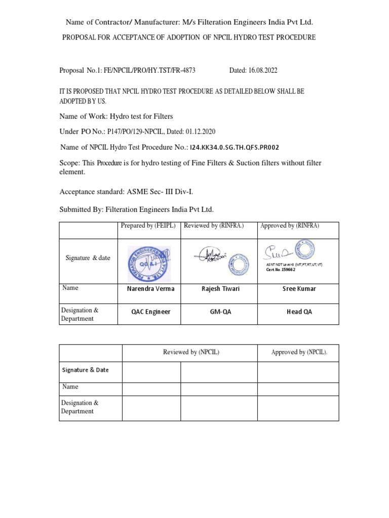 Procedure of Hydrotest For Suction and Fine Filter. | PDF | Leak ...
