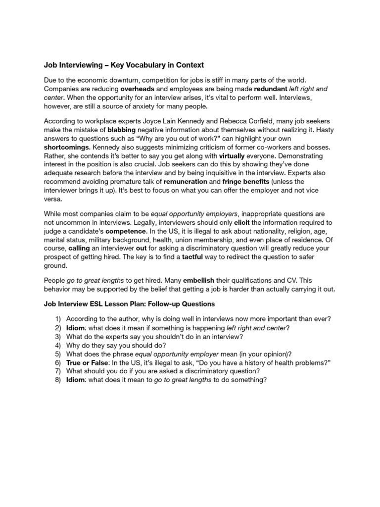 Job Interviewing - Key Vocabulary in Context | PDF