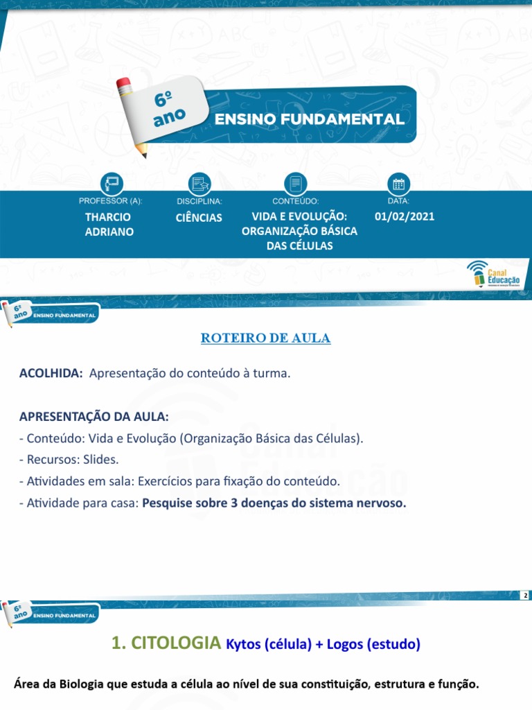 6º Ano - Aula 01 | PDF | Célula (Biologia) | Biologia
