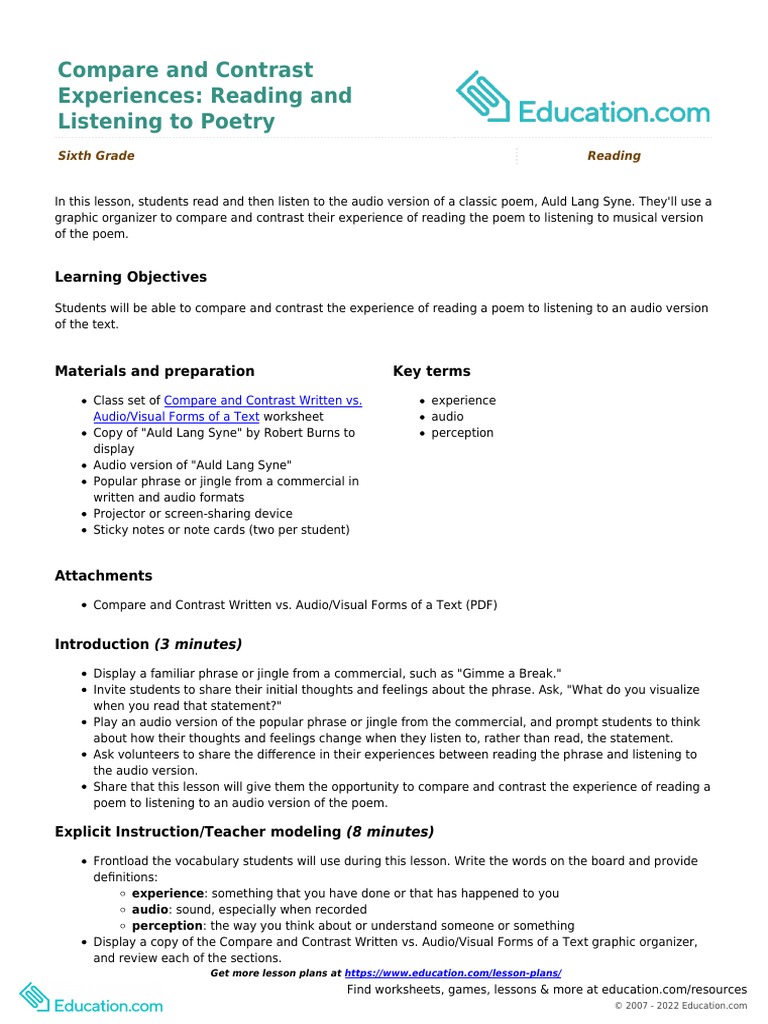 Compare and Contrast Experiences: Reading and Listening To Poetry | PDF ...