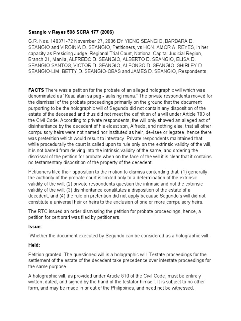 Seangio V Reyes 508 SCRA 177 (2006) | PDF | Will And Testament | Probate