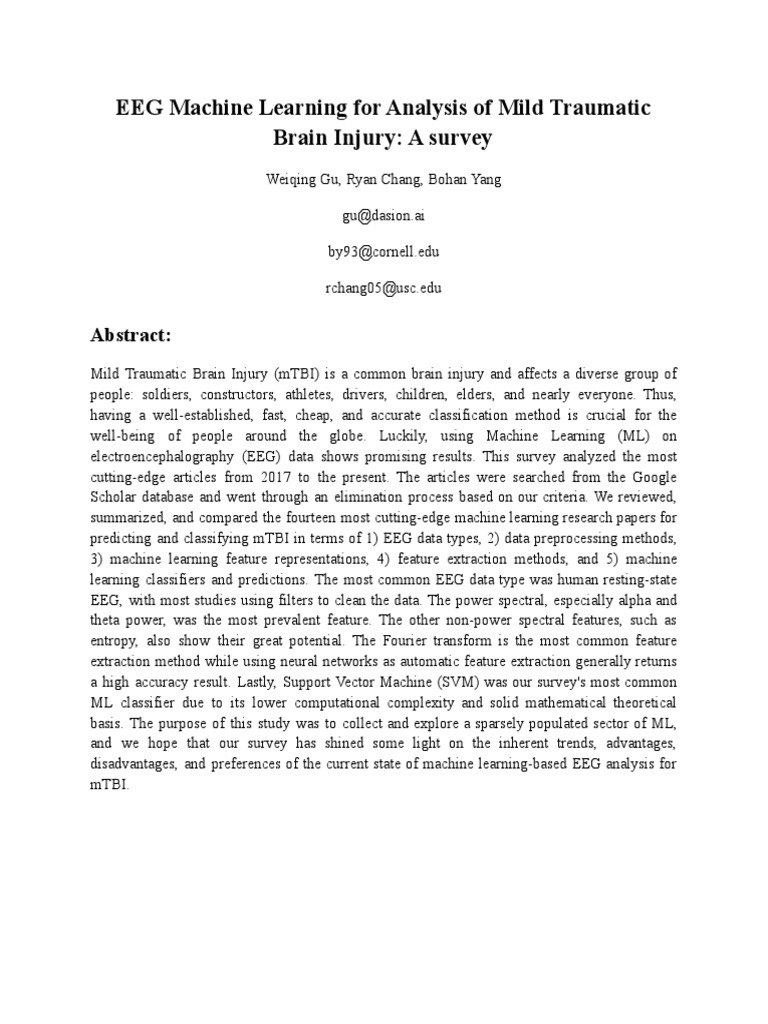 EEG Machine Learning For Analysis of Mild Traumatic Brain Injury: A Survey | PDF ...