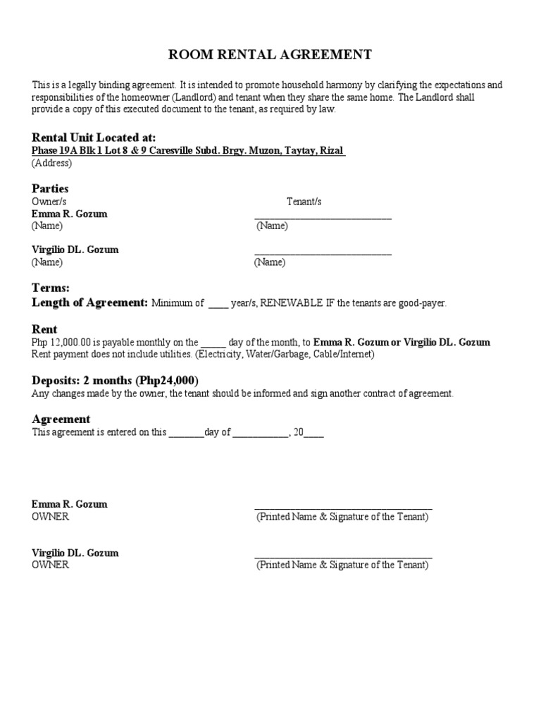 Room Rental Agreement: Rental Unit Located at | PDF