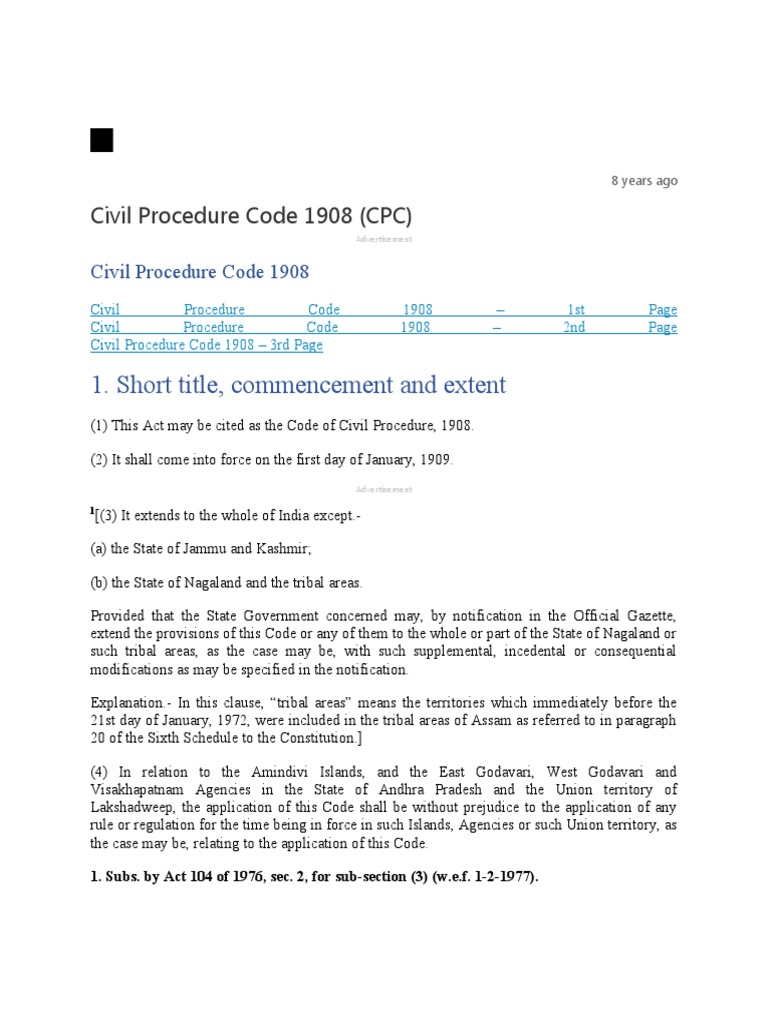Short Title, Commencement and Extent: Civil Procedure Code 1908 (CPC) | PDF | Lawsuit | Jurisdiction