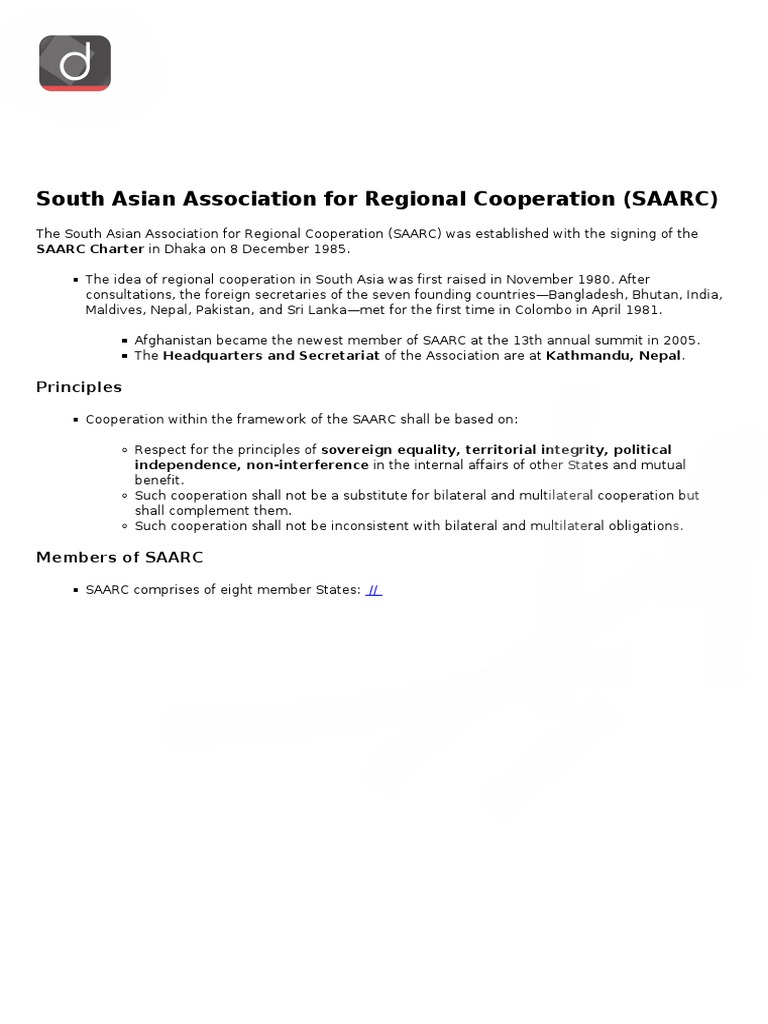 South Asian Association For Regional Cooperation (SAARC) : Principles ...