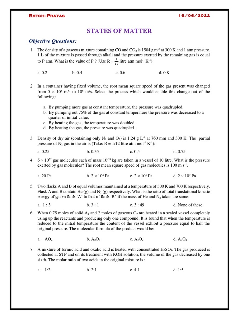 States of Matter: Objective Questions | PDF | Gases | Pressure