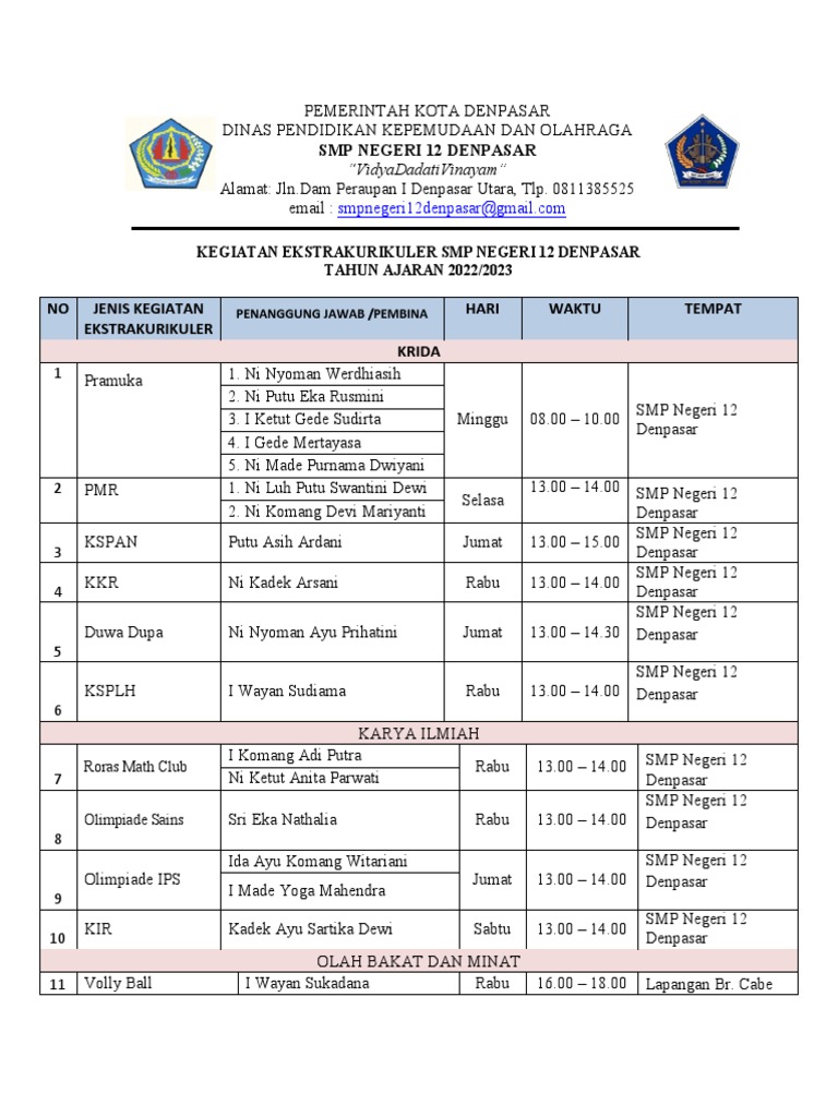Jadwal Ekstra Kokurikuler 2022 | PDF