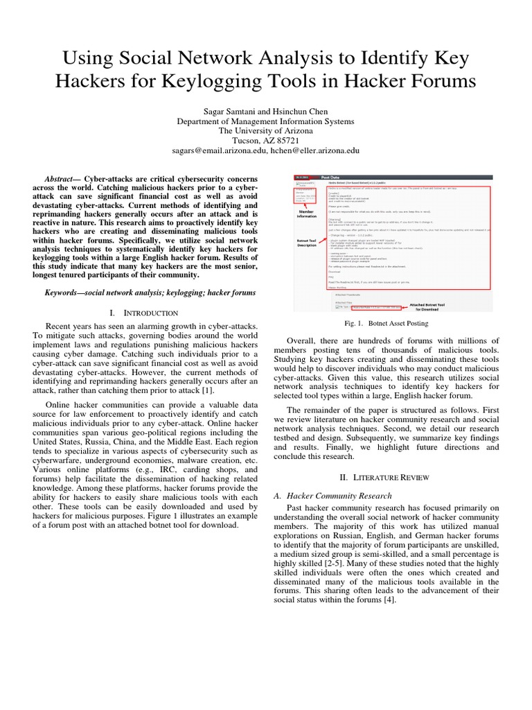 Using Social Network Analysis To Identify Key Hackers For Keylogging Tools In Hacker Forums