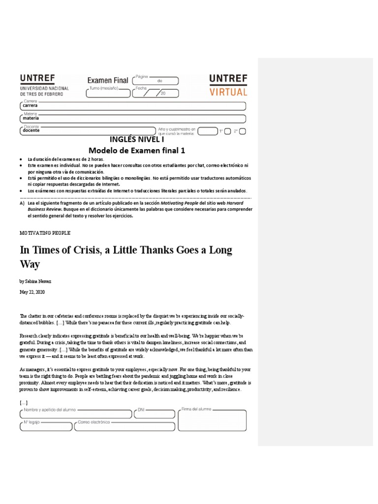 NIVEL I Modelos de Examen Final Con Respuestas | PDF | Gratitude | Emotions