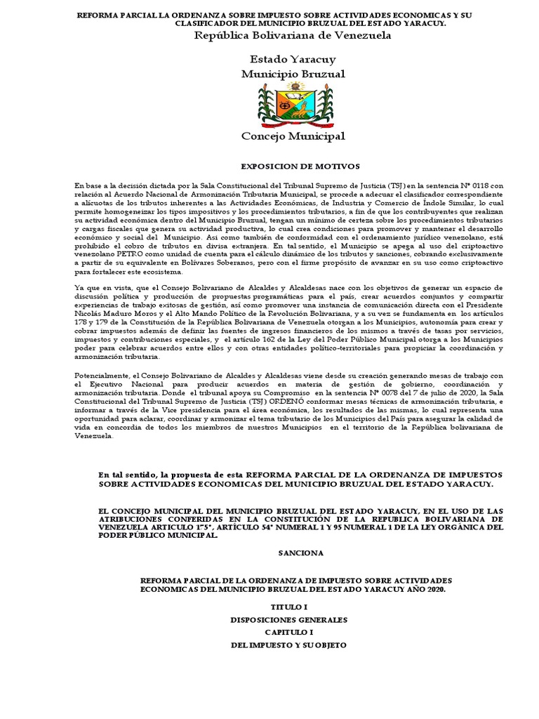 Ordenanza de Impuesto Sobre Actividades Económicas Municipio Bruzual. | PDF | Impuestos | Venezuela