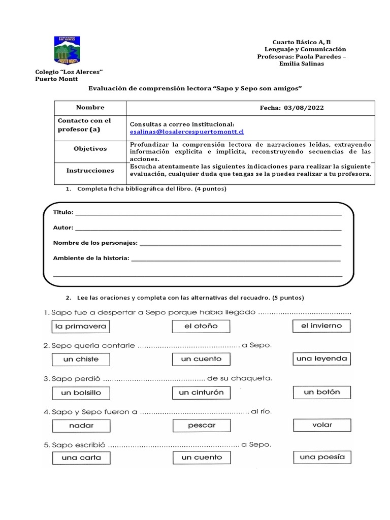 Evaluación: Sapo y Sepo, amigos lectores | PDF | Artes del Lenguaje y ...