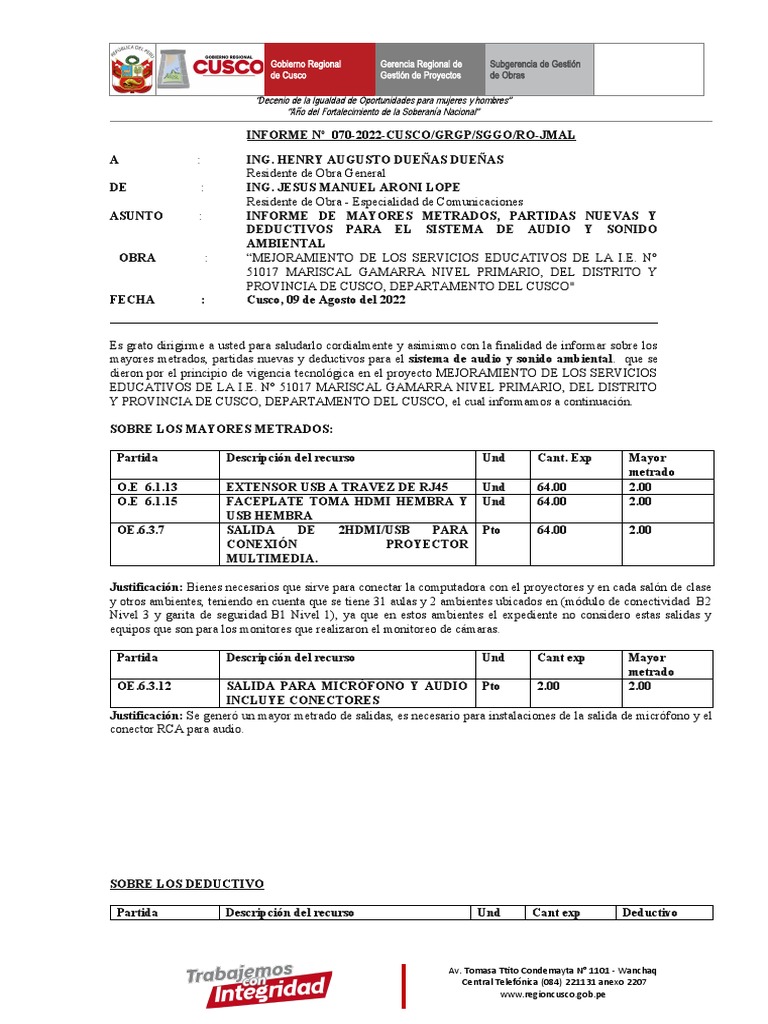 Informe Nro. 070 PN, DeDUC, MM Mariscal Gamarra v2 | PDF | Altoparlante | Hdmi