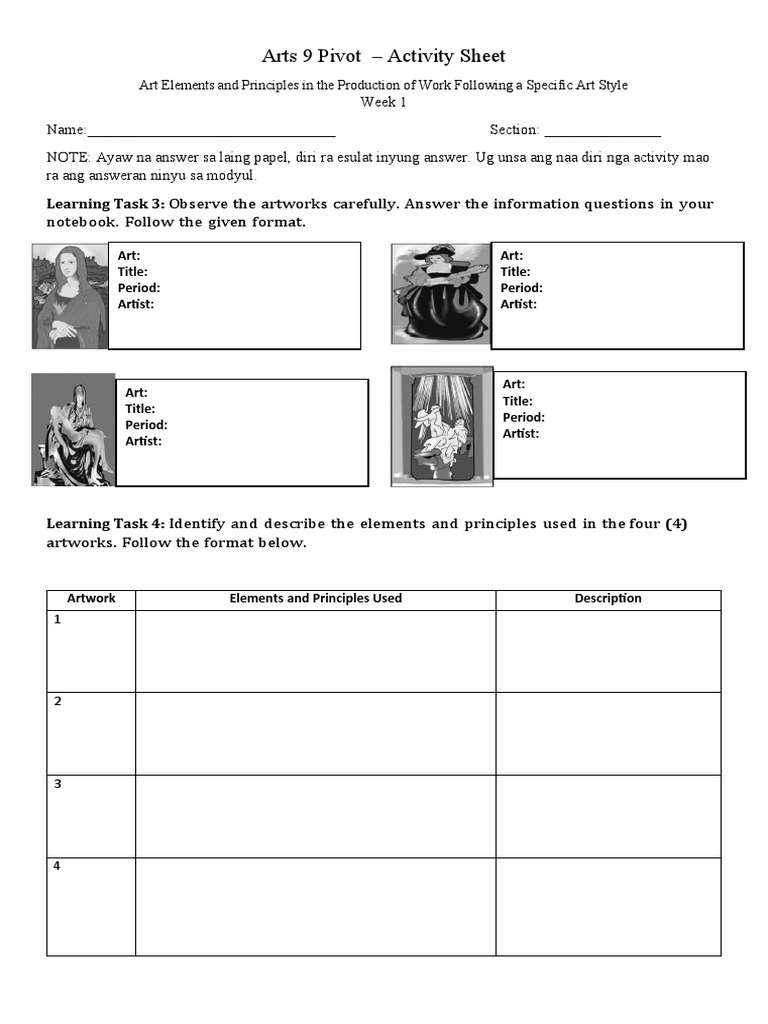Arts 9 Pivot - Activity Sheet: Learning Task 3: Observe The Artworks Carefully. Answer The ...