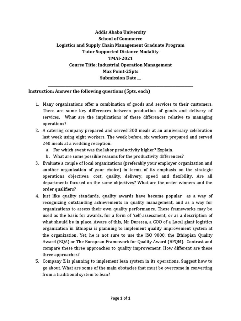 Industrial Operation Management TMA I | PDF | Quality Management ...