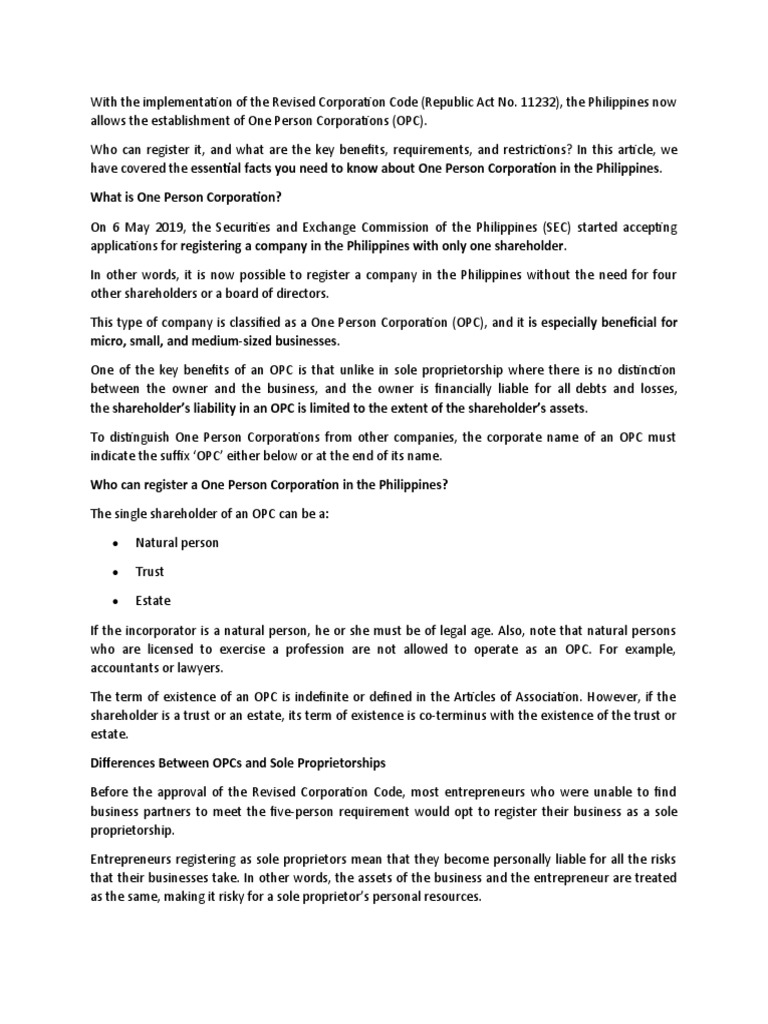 What Is One Person Corporation? | PDF | Sole Proprietorship | Corporations