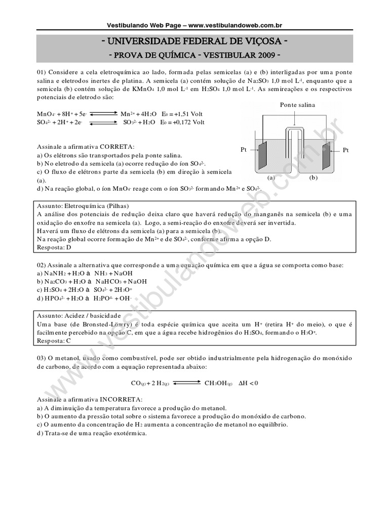 Prova de Química UFV 2009: Questões e Respostas | PDF | Éster | Química