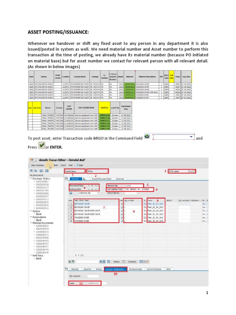 Asset Posting/Issuance:: To Post Asset, Enter Transaction Code MIGO in ...