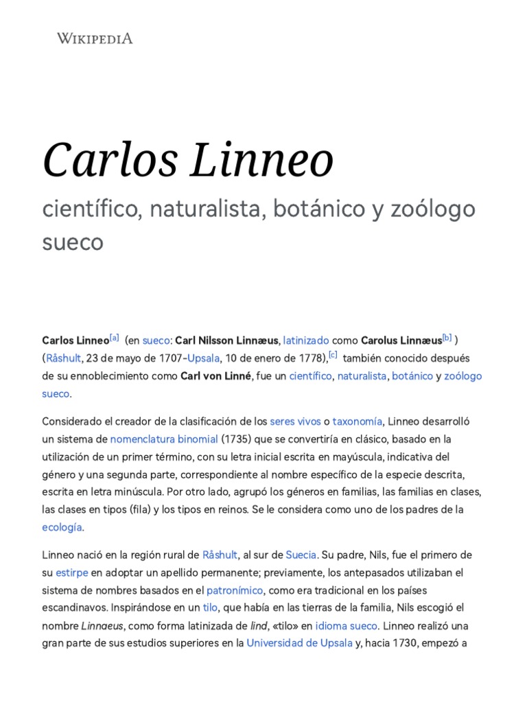 Biografía de Carlos Linneo | PDF
