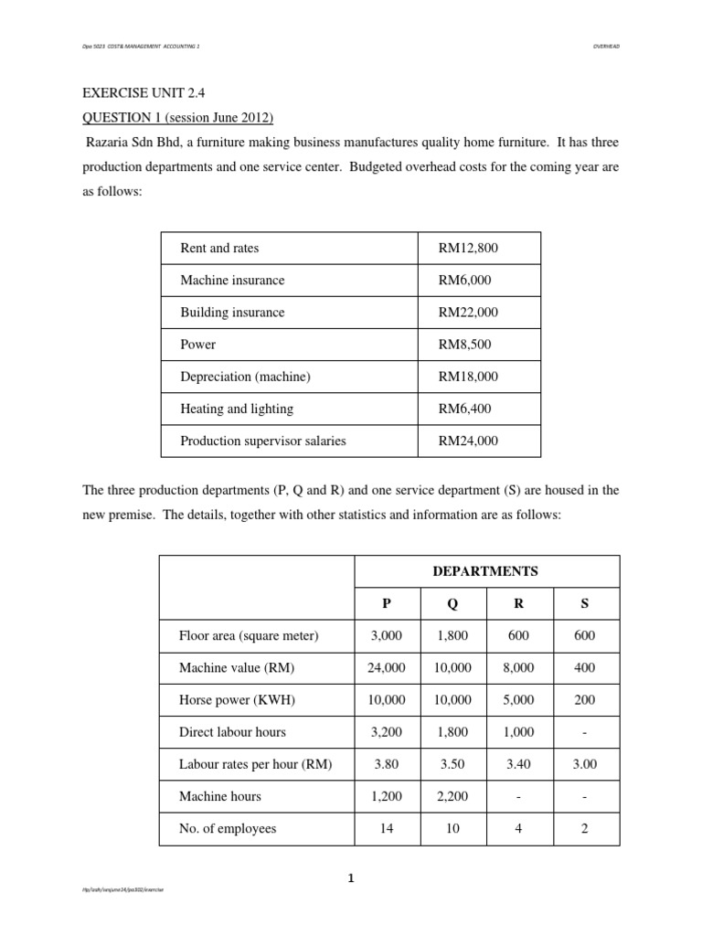 Exercise Unit 2.3 Overhead | PDF | Management Accounting | Business