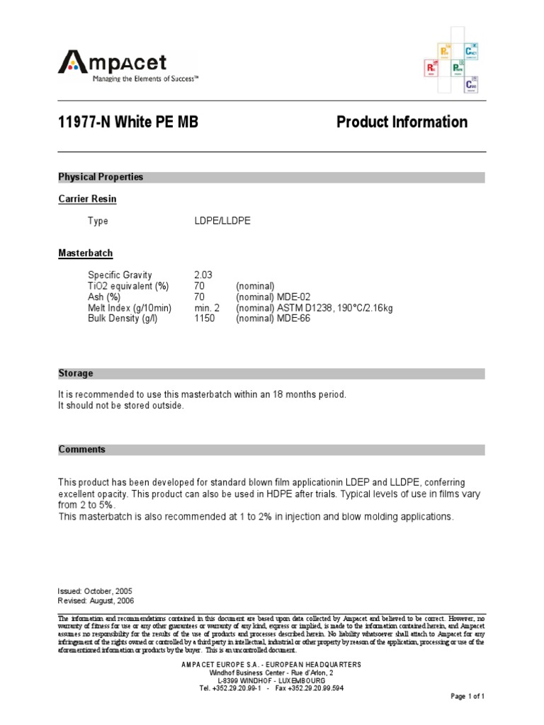 Ampacet 11078 White PE Masterbatch Data | PDF