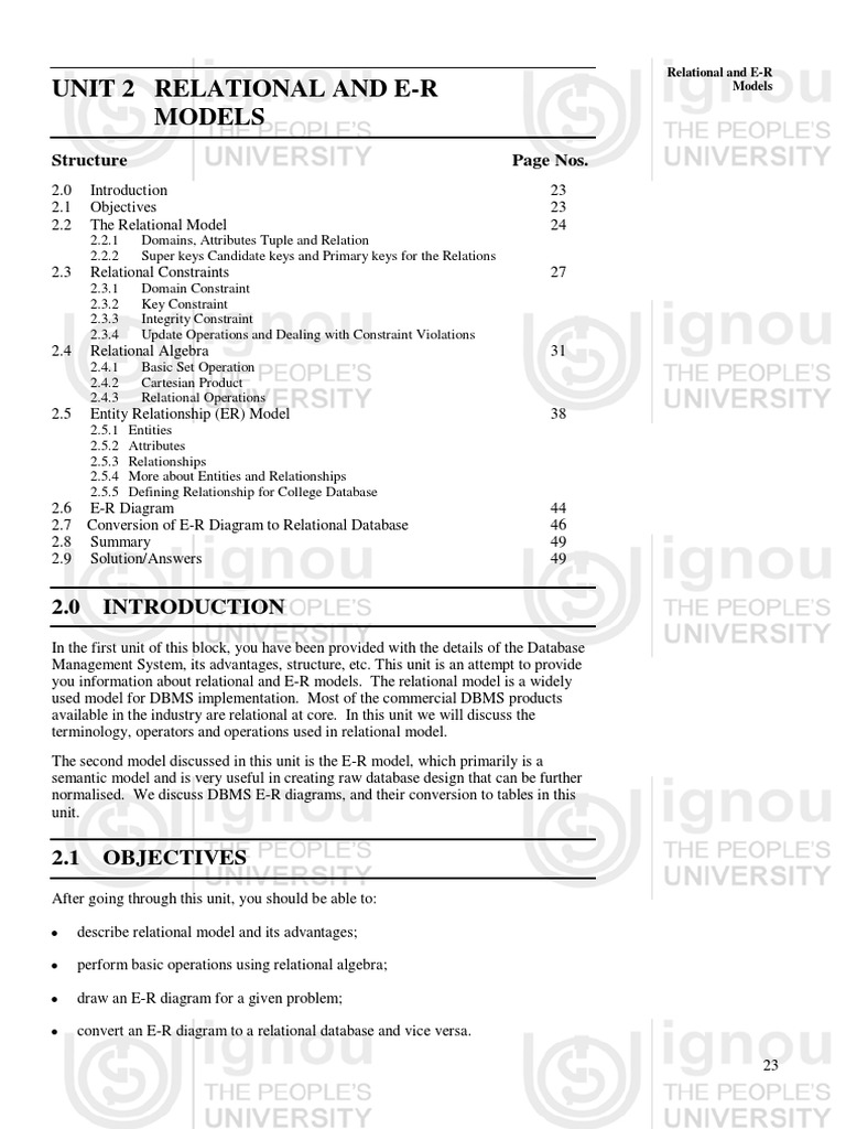 Unit 2 Relational And E R Models Structure Page Nos Pdf Relational