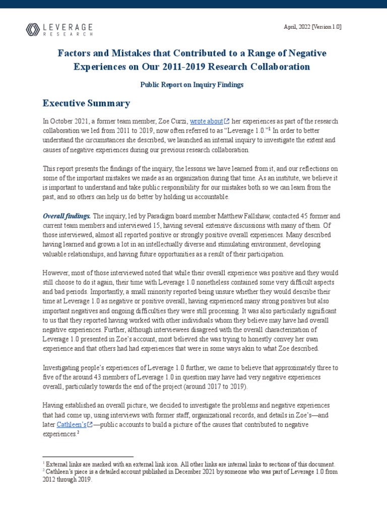 Inquiry Report On Negative Experiences at Leverage 1.0 (April 2022, v1 ...