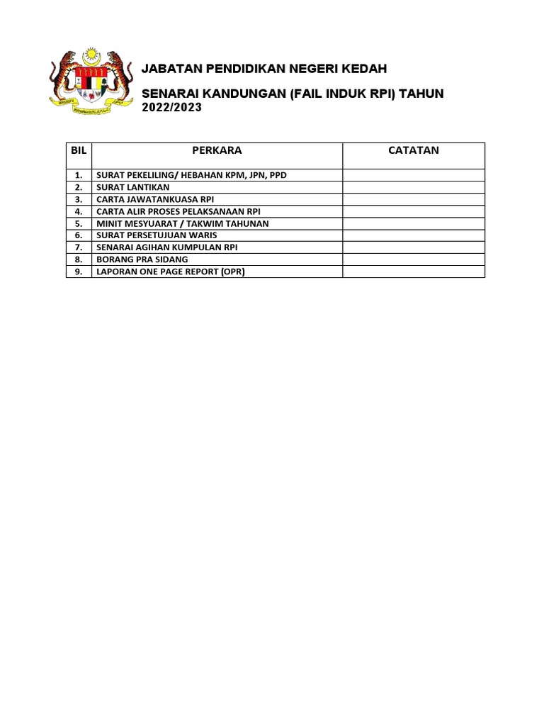 Senarai Semak Check List Fail Induk Dan Fail Borang RPI DISEMAK | PDF