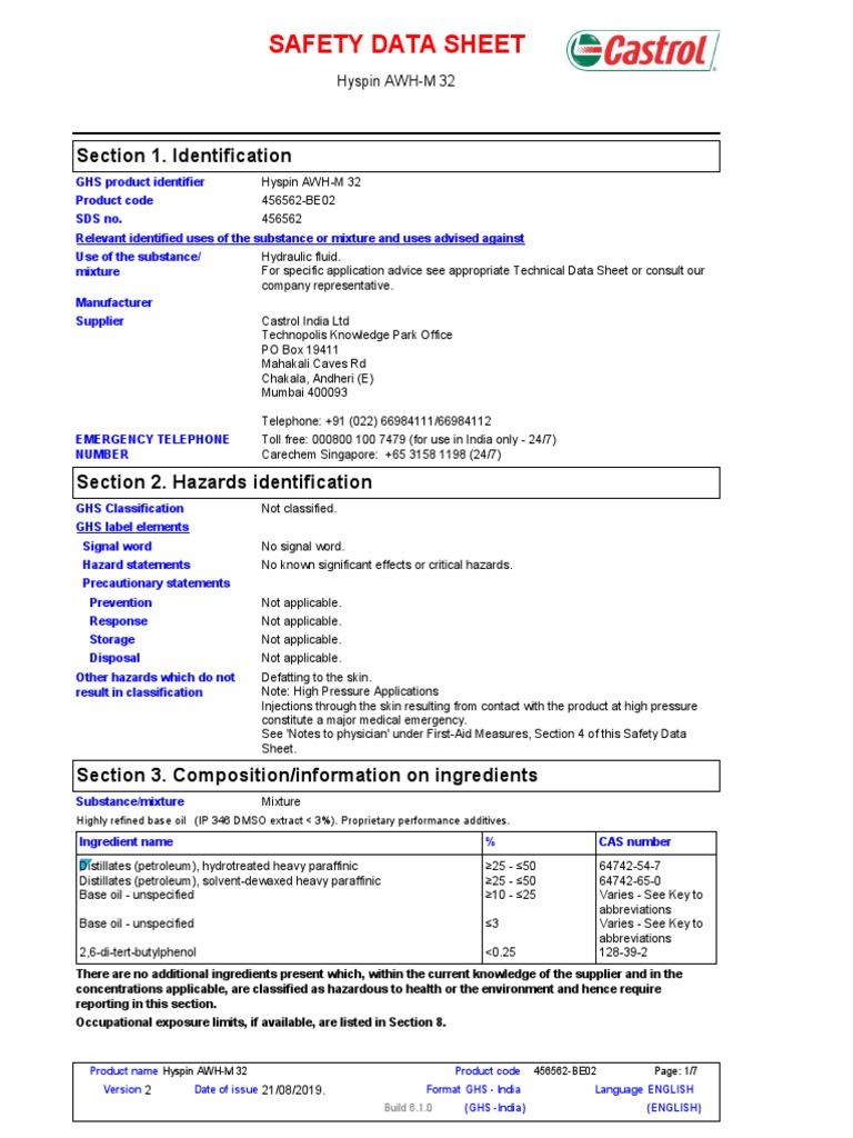 SAFETY DATA SHEET FOR HYSIN AWH-M 32 HYDRAULIC FLUID | PDF | Personal Protective Equipment ...