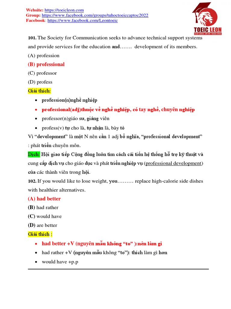 (TOEIC LEON) FILE PDF GIẢI CỰC KỲ CHI TIẾT 100 CÂU PART 5 6 DÀNH CHO NGƯỜI MẤT GỐC | PDF
