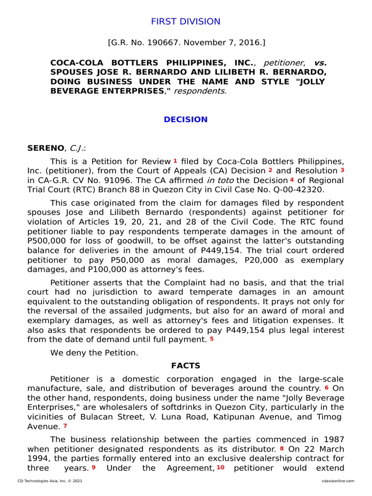 Coca Cola V Sps Bernardo Pdf Damages Lawsuit