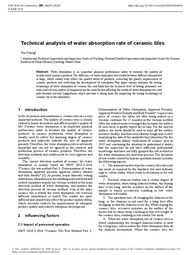 Technical Analysis of Water Absorption Rate of Ceramic Tiles | PDF | Calibration | Water