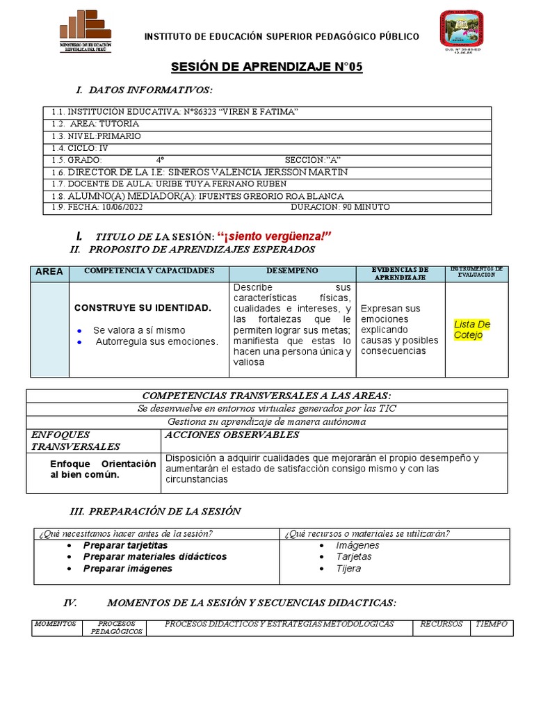 Esquema de Sesion Tutoria #05 R | PDF | Aprendizaje | Evaluación