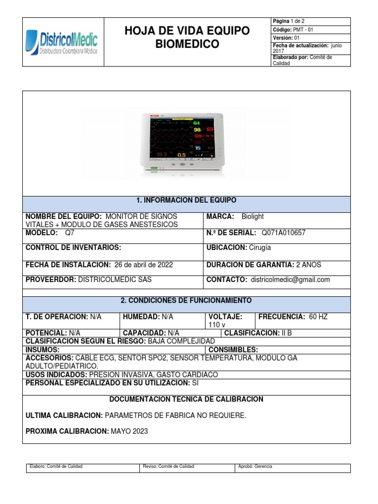 Hoja de Vida Monitor de Signos Vitales Biolight | PDF