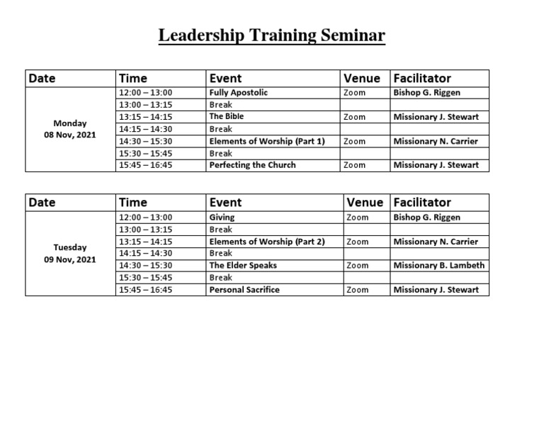 Leadership Training Schedule (Nov 2021) | PDF