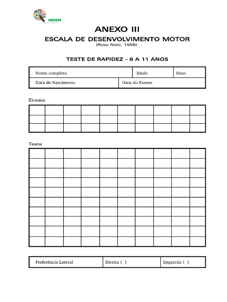Avaliação Motora Rosa Neto Folha para Teste 6 | PDF