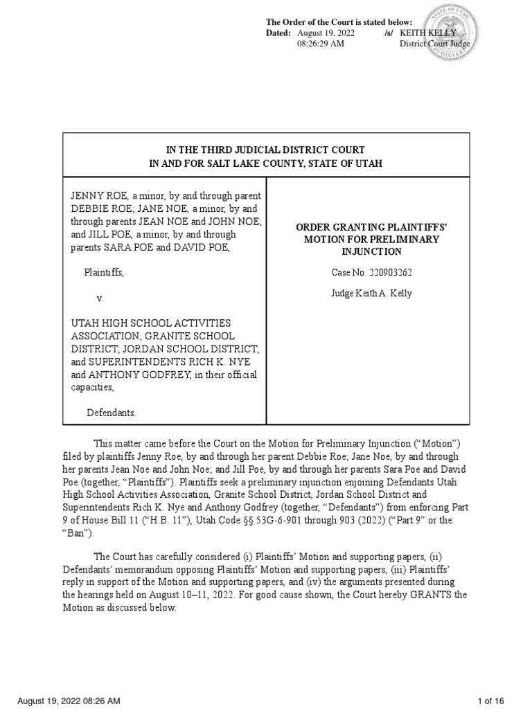 Preliminary Injunction Granted in Trans Athlete Case | PDF | Injunction ...