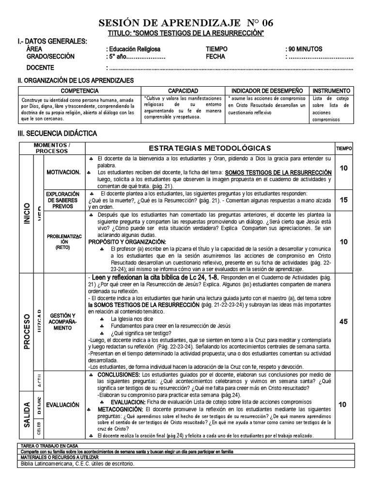 SESIÓN DE APRENDIZAJE N6 - 5to | PDF | La resurrección de Jesús | Aprendizaje