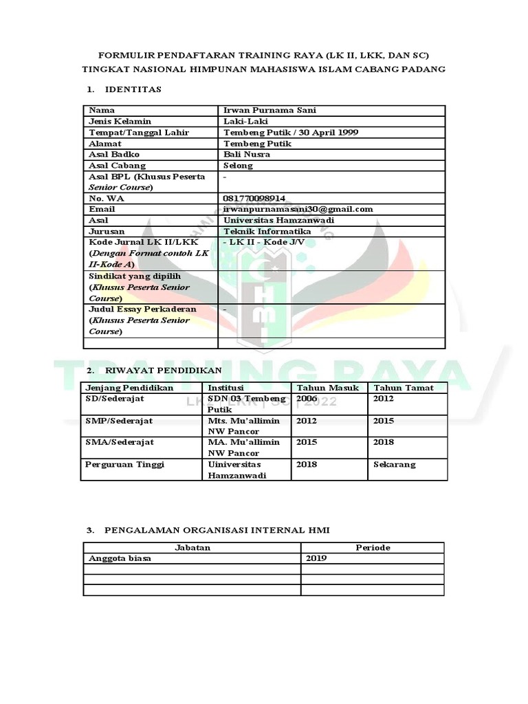 Formulir Pendaftaran Training Raya | PDF