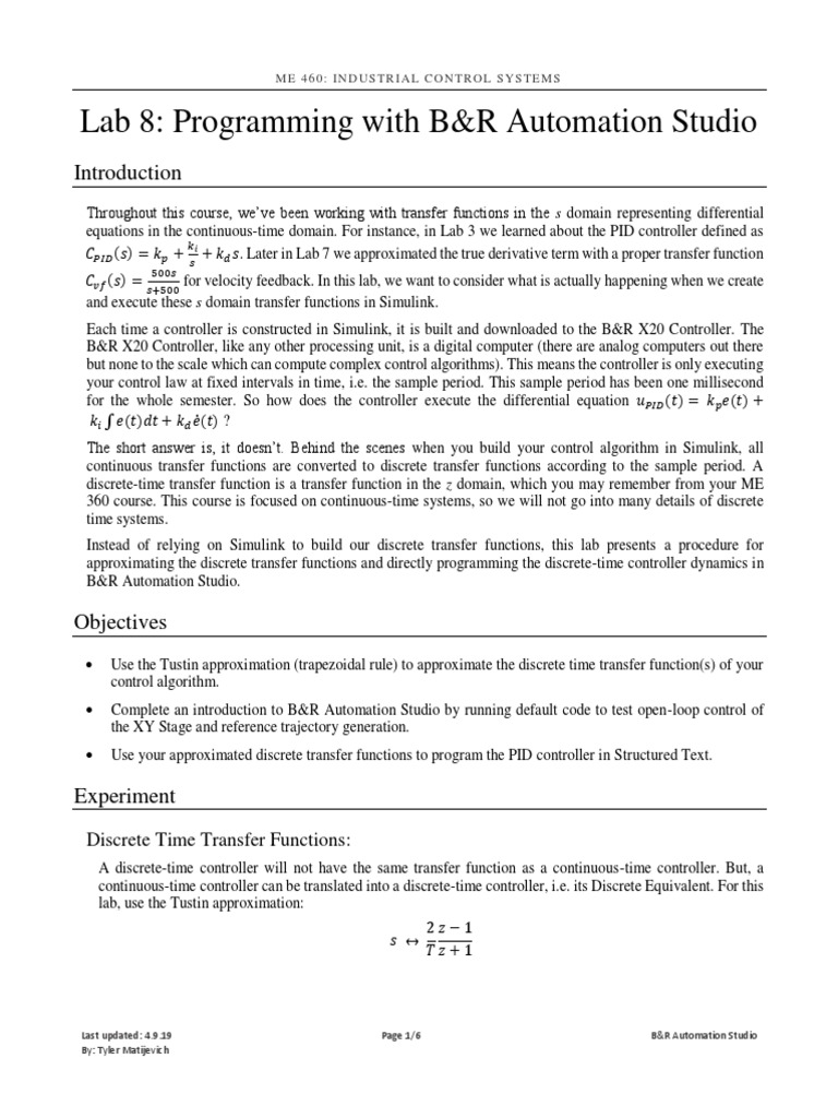 Lab 8: Programming With B&R Automation Studio: Discrete Time Transfer Functions | PDF | Control ...