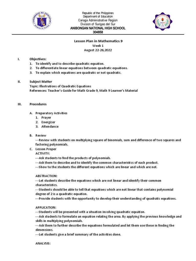 Math 9 Lesson Plan | PDF | Equations | Quadratic Equation