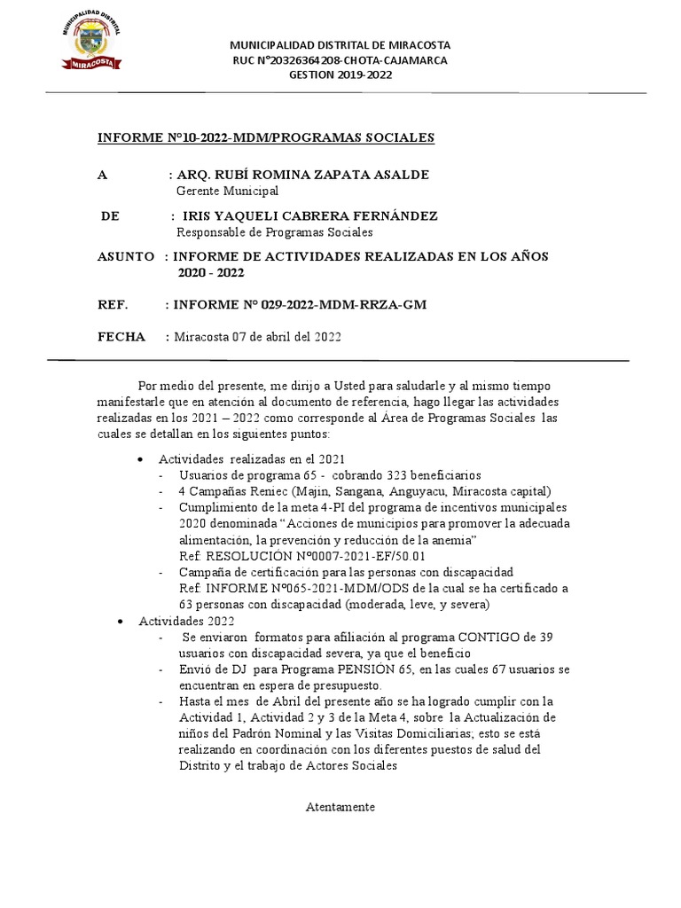 Informe de Cumplimiento de Metas Programa Sociales | PDF | Finanzas y dinero