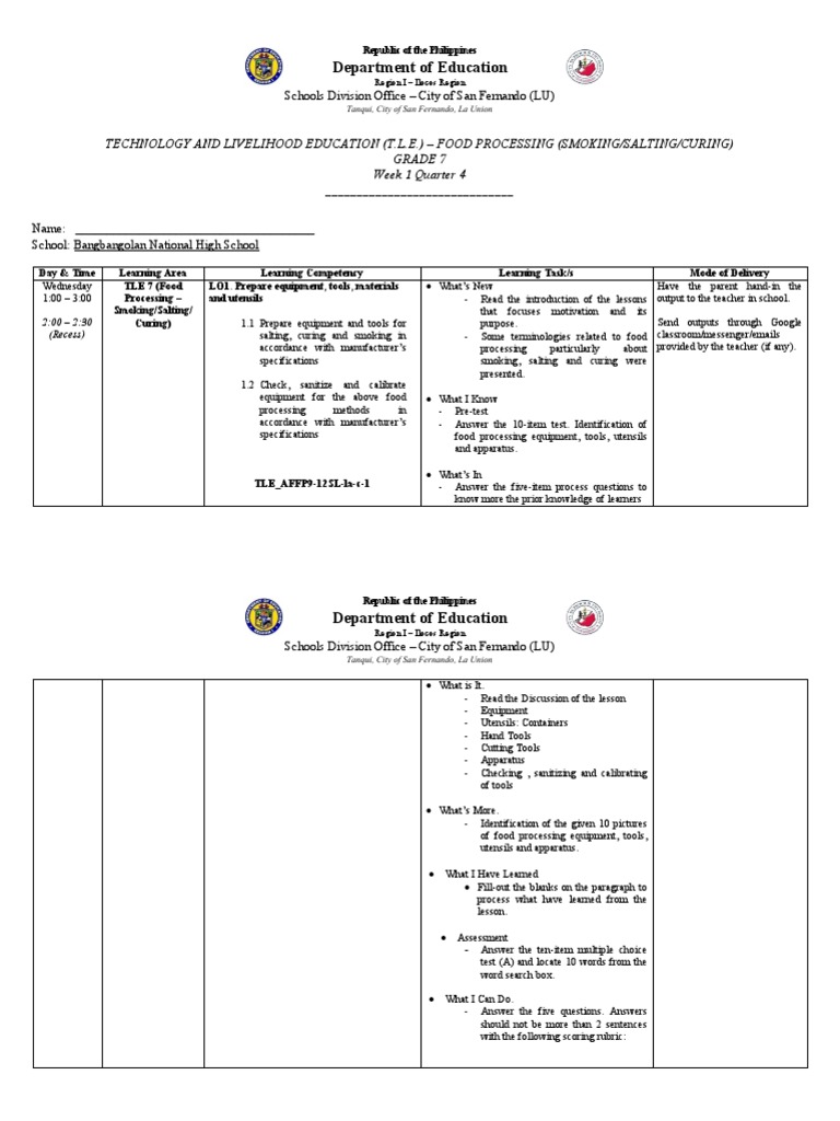 4 - TLE-7 - WHLP - WEEK-1-7 - QUARTER4 - Remedios Nuesca | PDF | Rubric (Academic) | Curing ...
