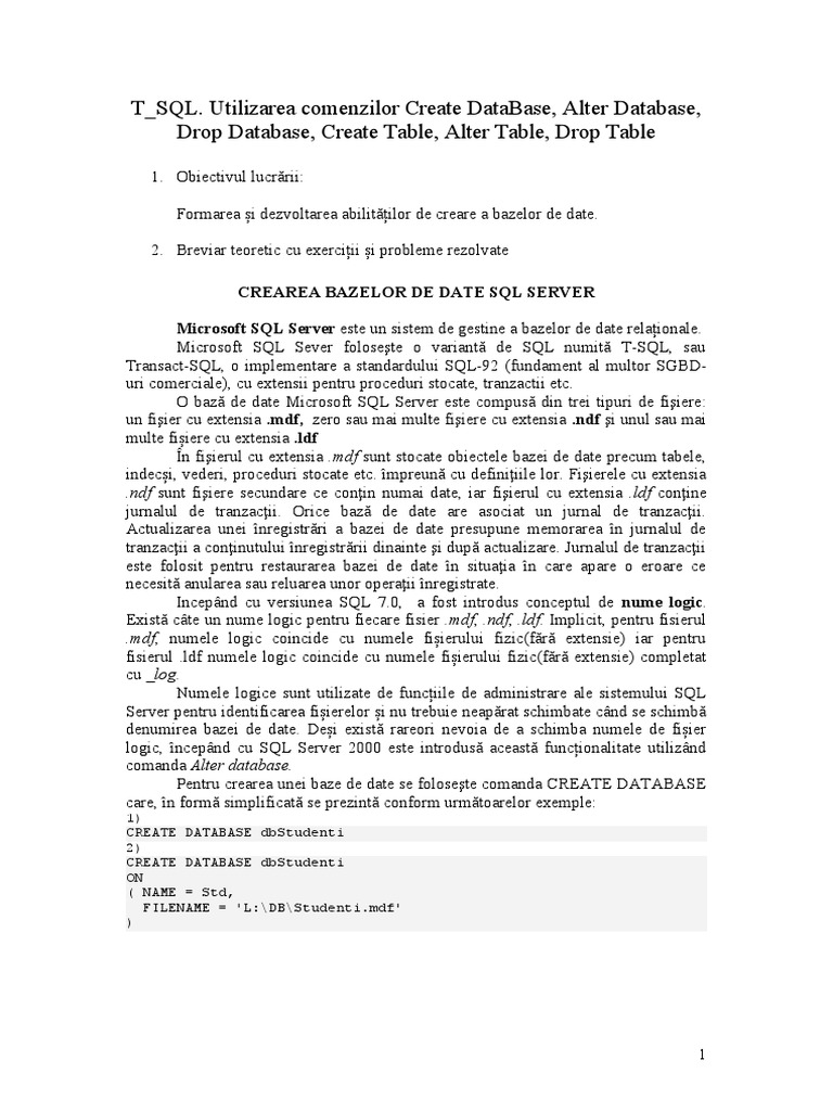03 - 04 DDL - Crearea Bazelor de Date SQL Server | PDF