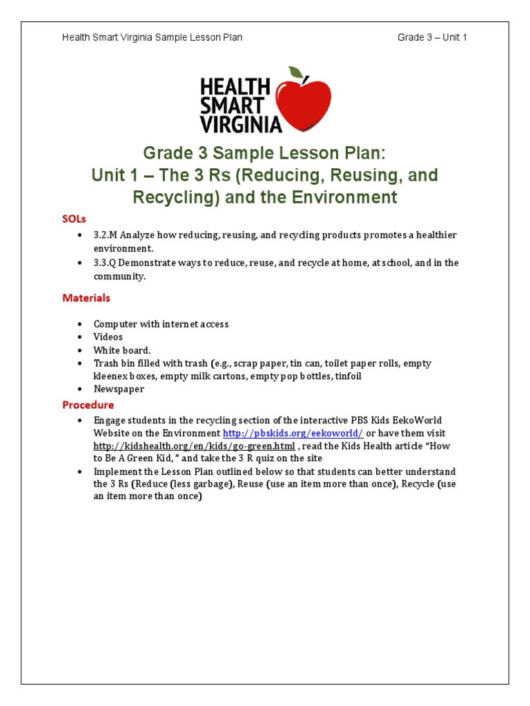 Grade 3 Sample Lesson Plan: Unit 1 - The 3 Rs (Reducing, Reusing, and Recycling) and The ...