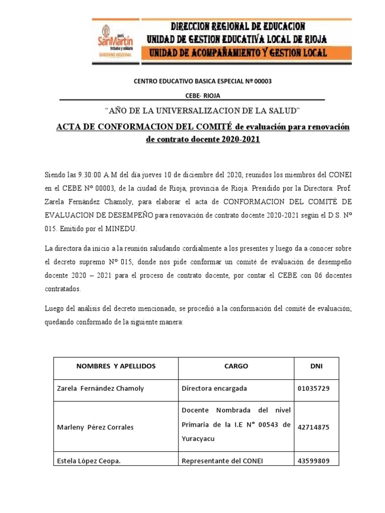 Acta de Conformacion Del Comite Contrato Docente 2021 | PDF | Ministerio (Departamento de ...