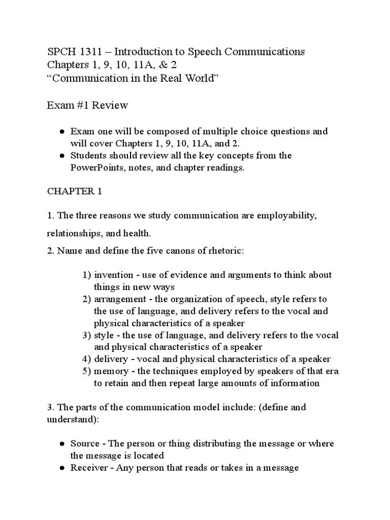 SPCH 1311 Exam 1 Review | PDF | Communication | Self Concept